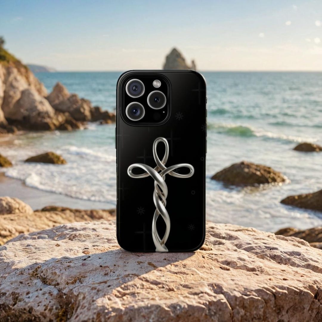 Elegant Cross Phone Case - Sleek Black Design With Intricate Silver ...