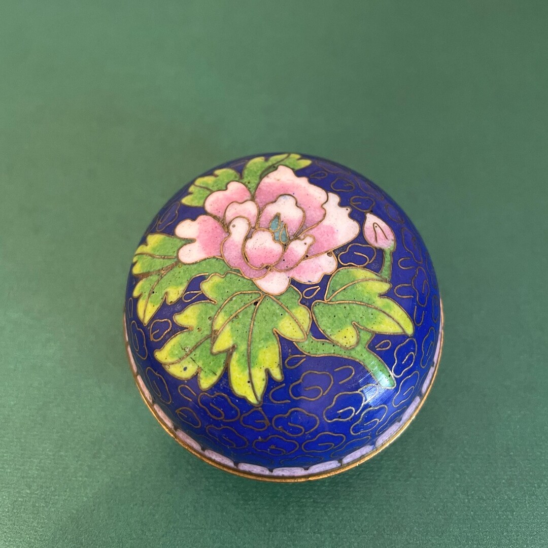 Cloisonné Box by Jingfa With Pink Flowers, Green Leaves, & Cobalt Blue ...