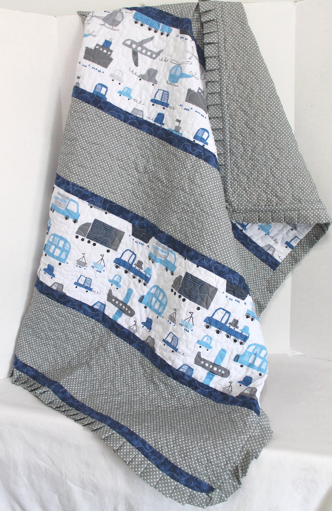 Cute Baby Boy Crib Quilt Featuring Boats and Helicopters in Blue and ...