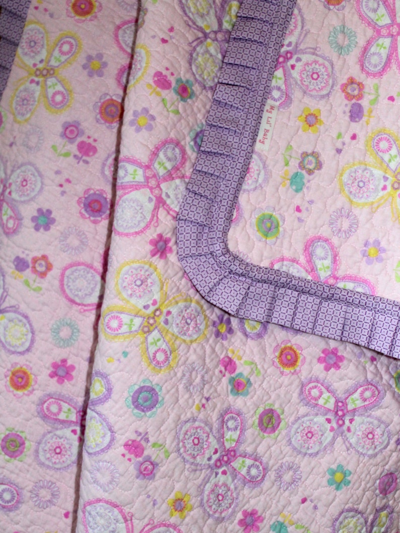 Pink and Purple Butterfly Baby Quilt With Matching Ruffle Baby Girl ...