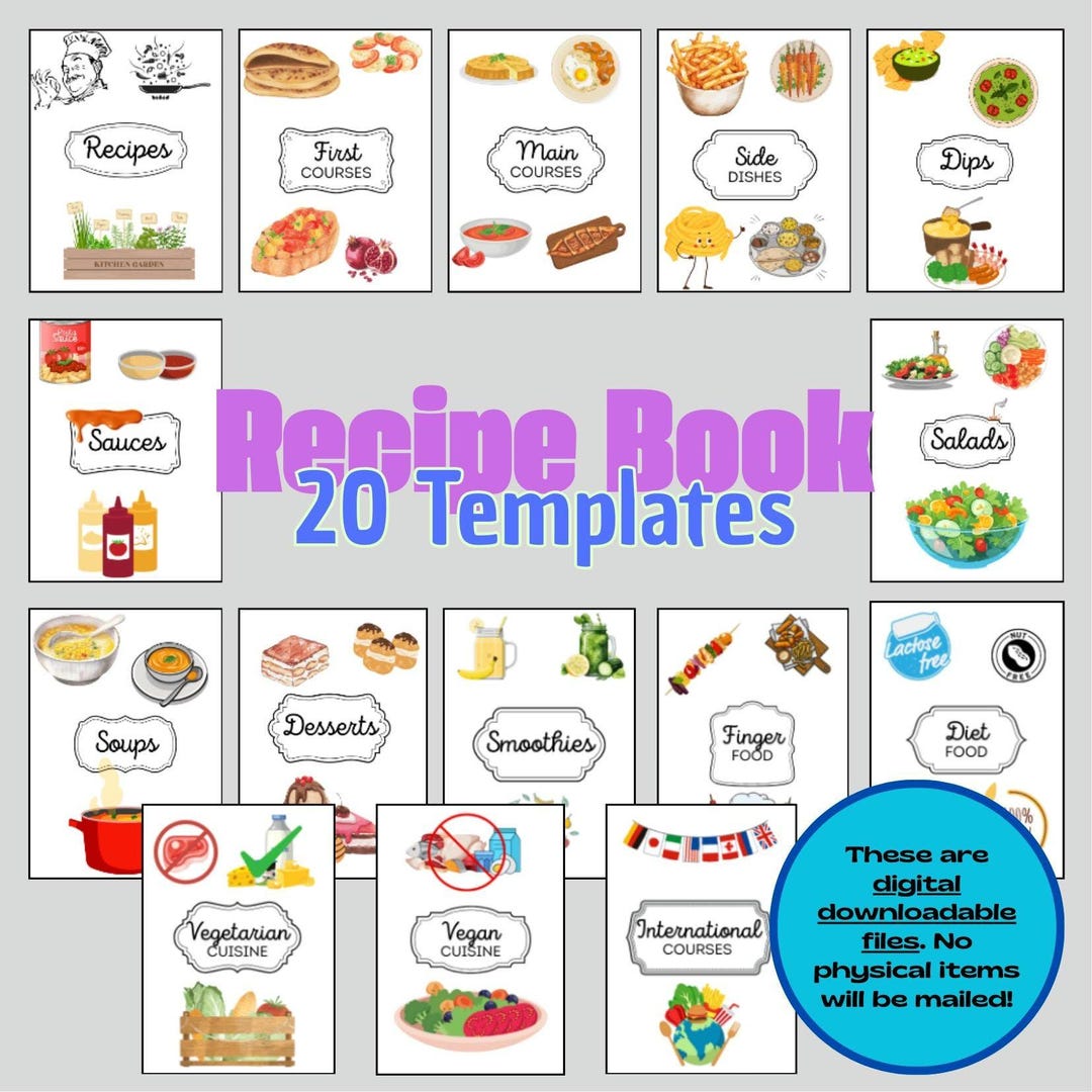Set of 20 Recipe Book Cover Sheets as Digital Downloadable Templates I ...