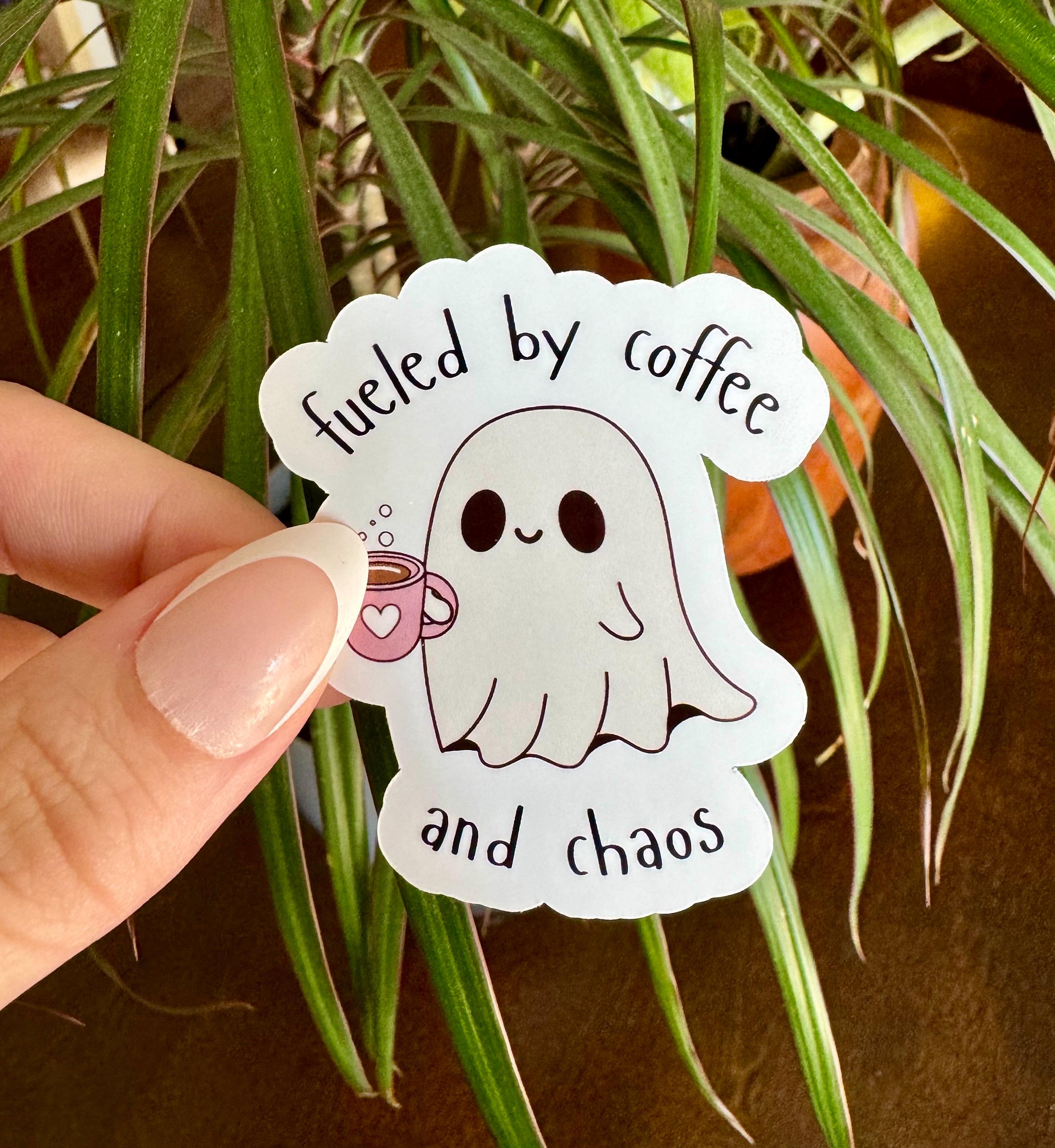 Fueled by Coffee and Chaos Sticker | Cute Ghost Design With Coffee Cup ...
