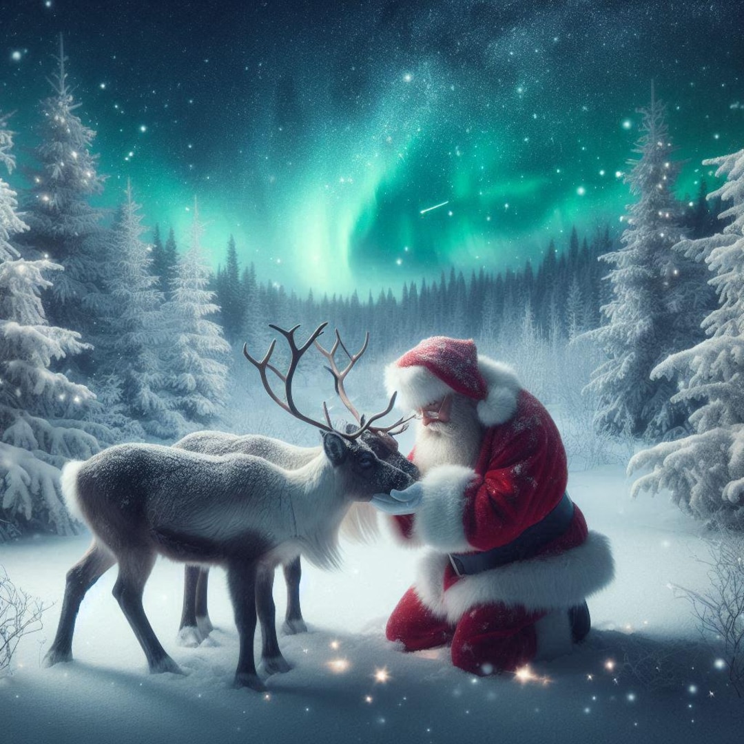Enchanted Winter Wonderland Santa and Reindeer Under Northern Lights - Etsy