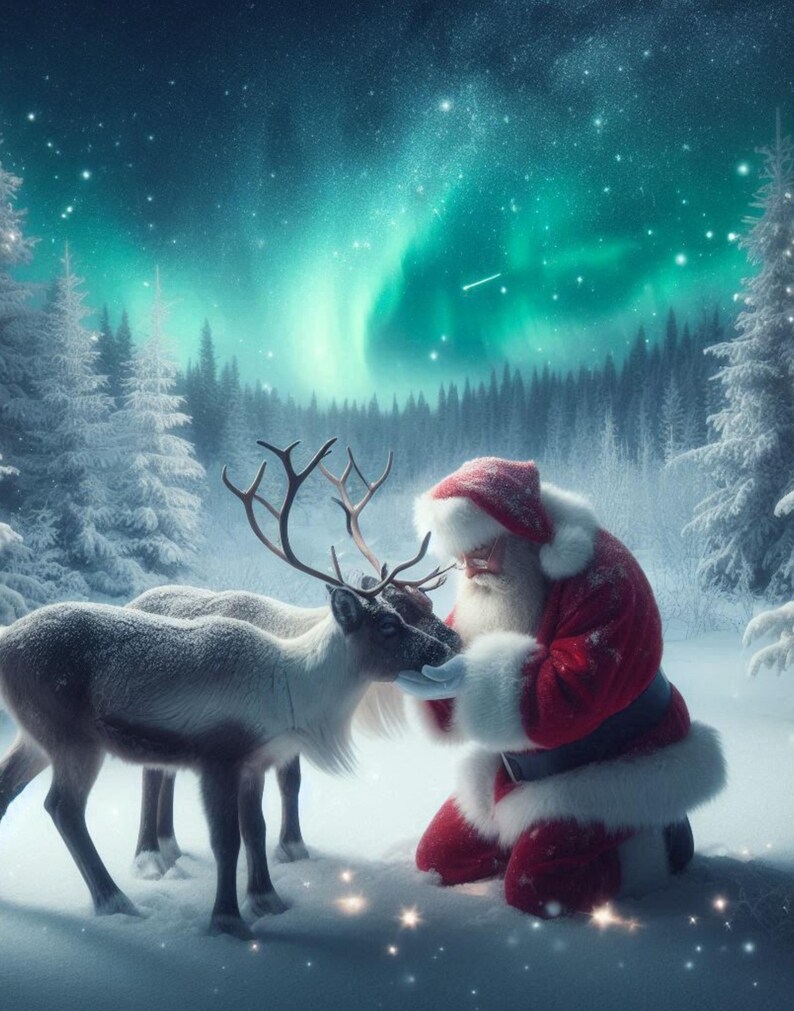 Enchanted Winter Wonderland Santa and Reindeer Under Northern Lights - Etsy