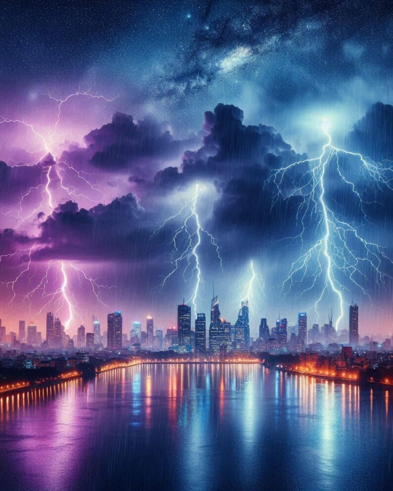 Electric City Skyline Lightning Storm Over Urban Nightscape Art Print ...