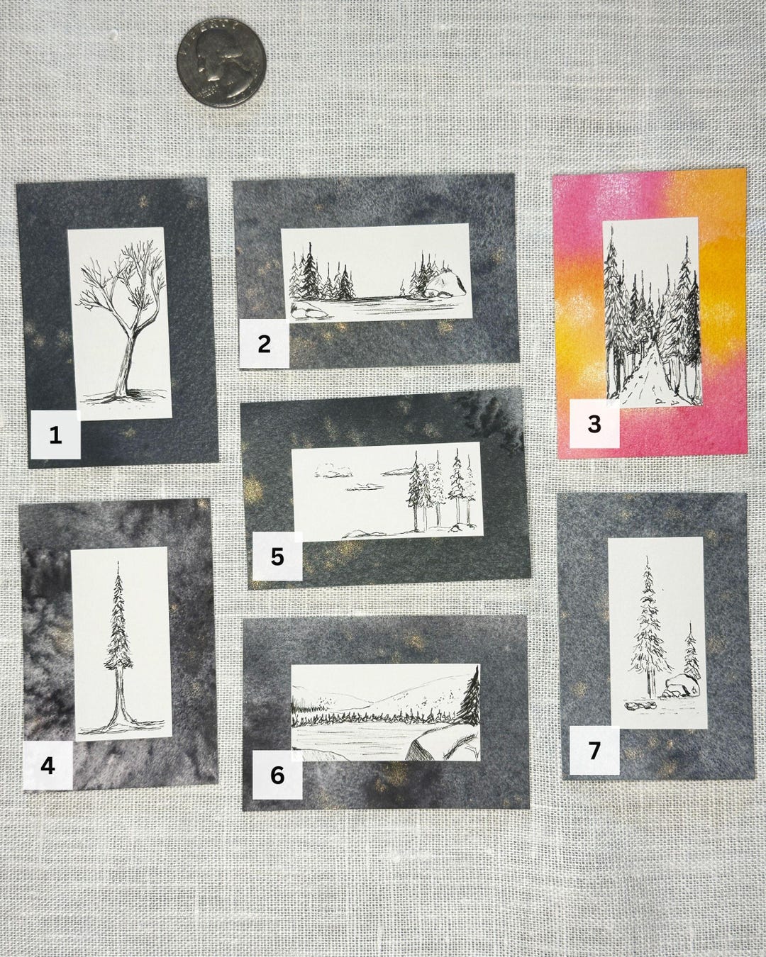 Mini 1 X 2 Inch Drawings, Forest Landscape, Tiny Drawing, Original Art ...