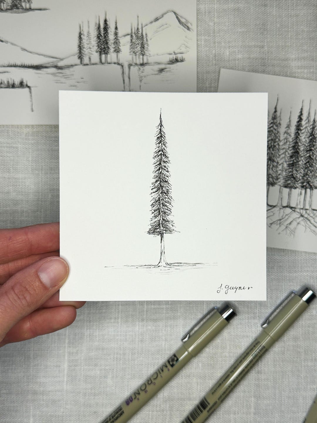 Small Home Decor Sketched Pine Tree Original Line Art Tiny Drawing ...