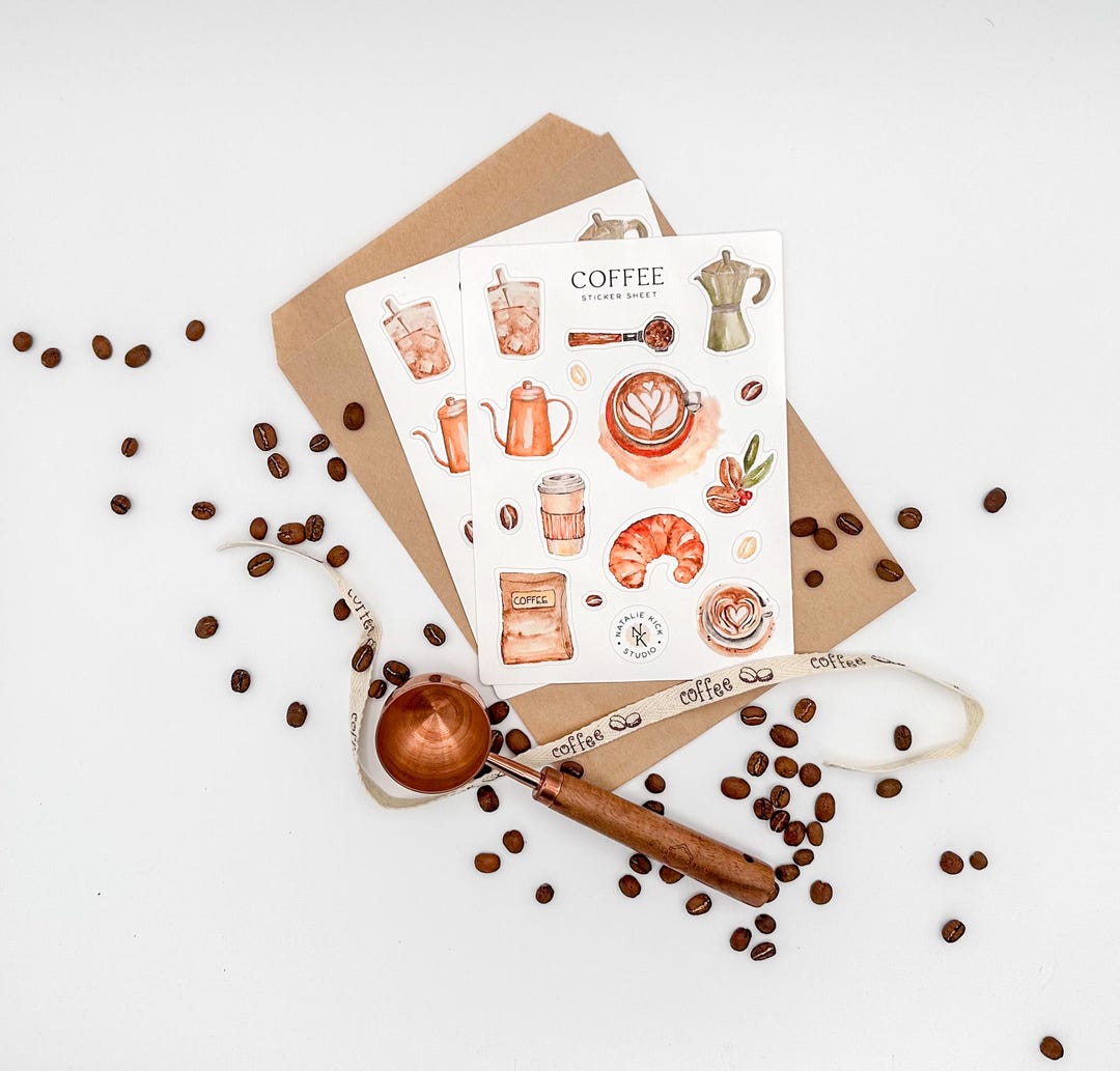 Coffee Sticker Sheet- 15 Watercolor Coffee-themed Stickers per Sheet ...