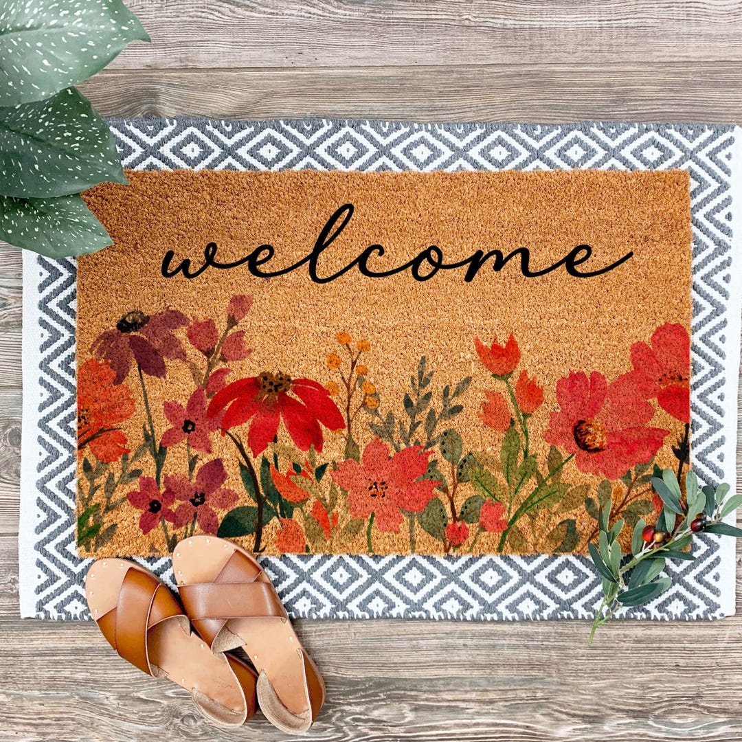 Wildflower Welcome Doormat, Floral Front Door Mat, Spring Porch Decor ...