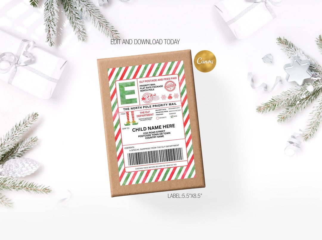 Elf Mail Shipping Label Editable, Santa Mail, ELF Mail Arrival Box ...