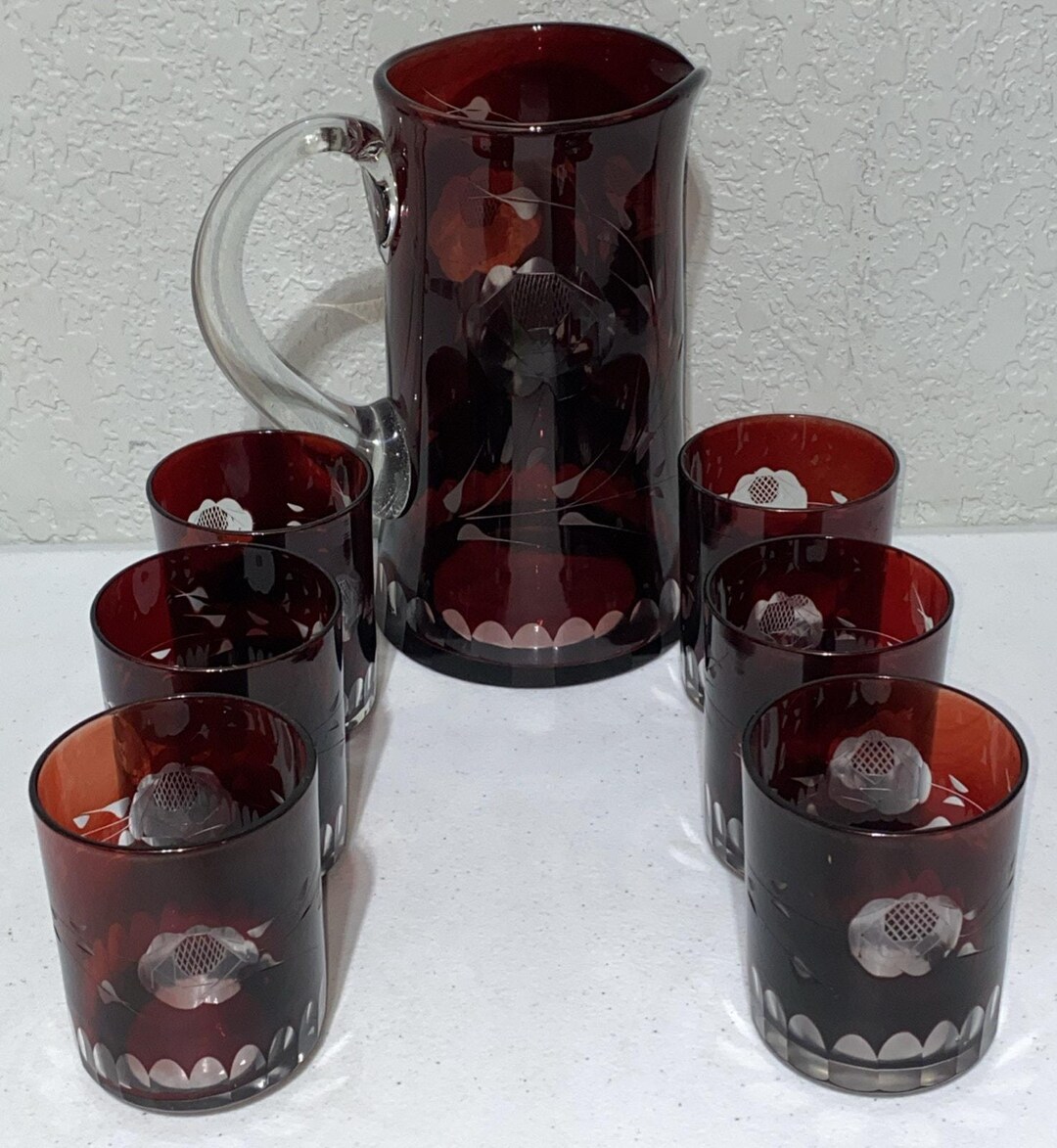 Vintage Deep Cranberry Flash Glass Pitcher Set Etched Floral 8” With 6 ...