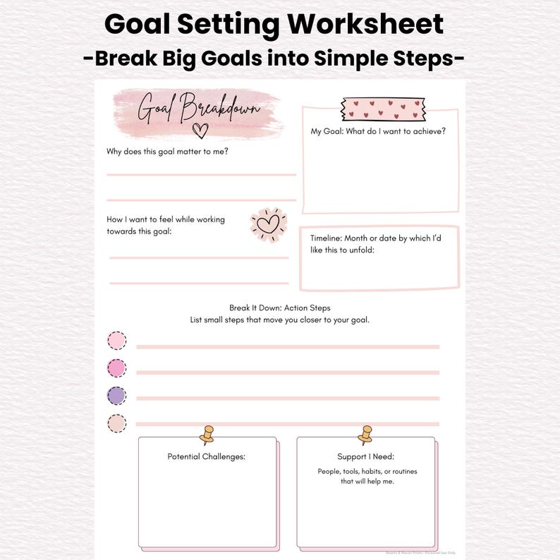 Goal Setting Worksheet | Printable Goal Planner | Break Goals Into ...
