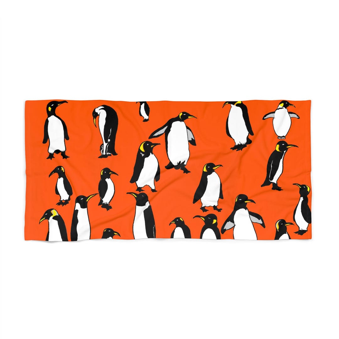 Penguin Beach Towel, Orange Background, Cartoon Penguins, Dalyn Viker ...