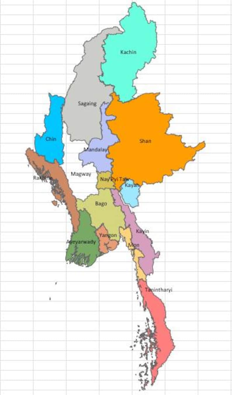 Excel - Editable States and Divisions Level Myanmar Map - Etsy