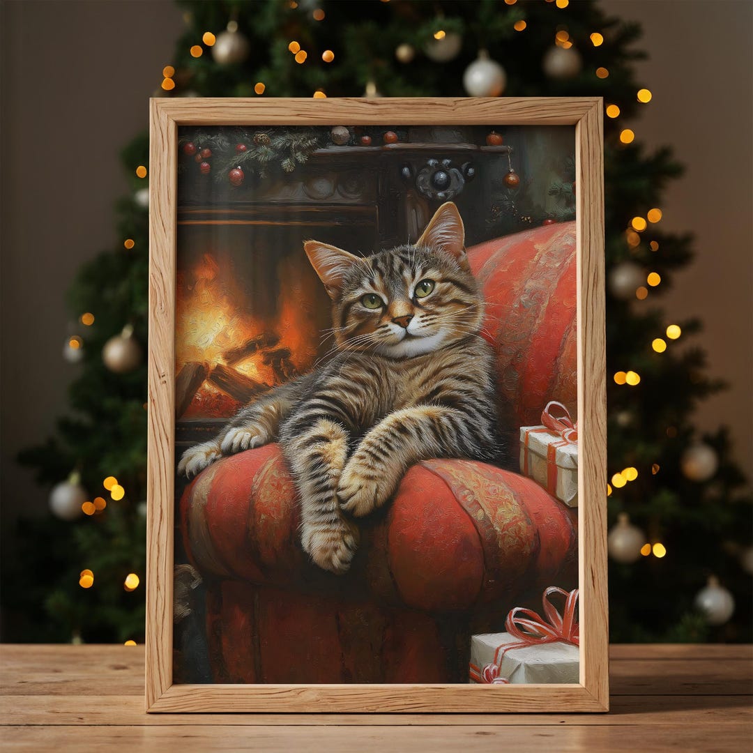 Chat de Noël douillet - Tableau des Fêtes | Art mural imprimable et ...