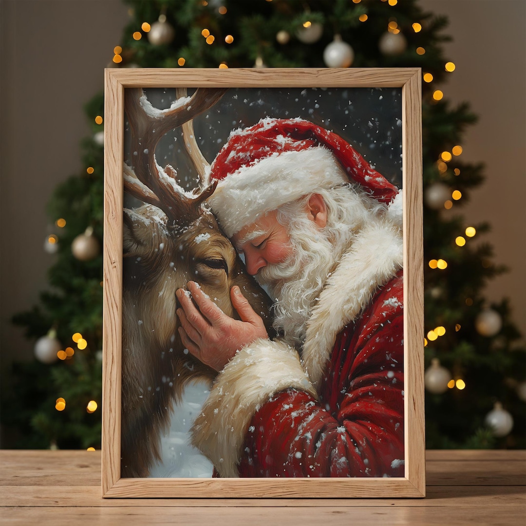 Retro Santa Reindeer Wall Art - Vintage Christmas Painting Decor for ...