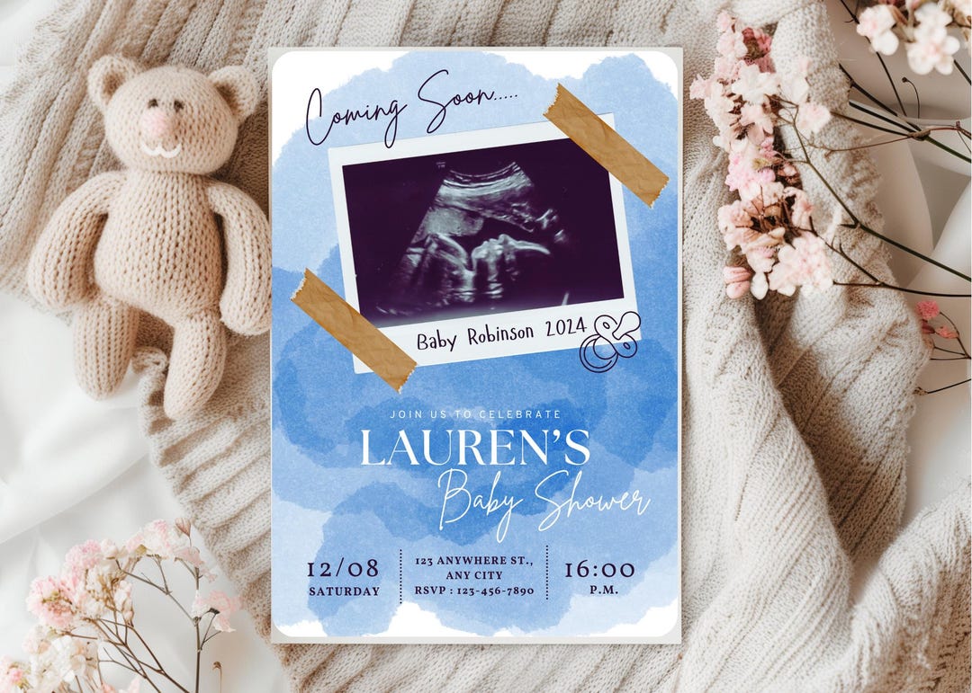 Blue Baby Scan Invitation, Baby Shower Invitation, Digital Invitation ...