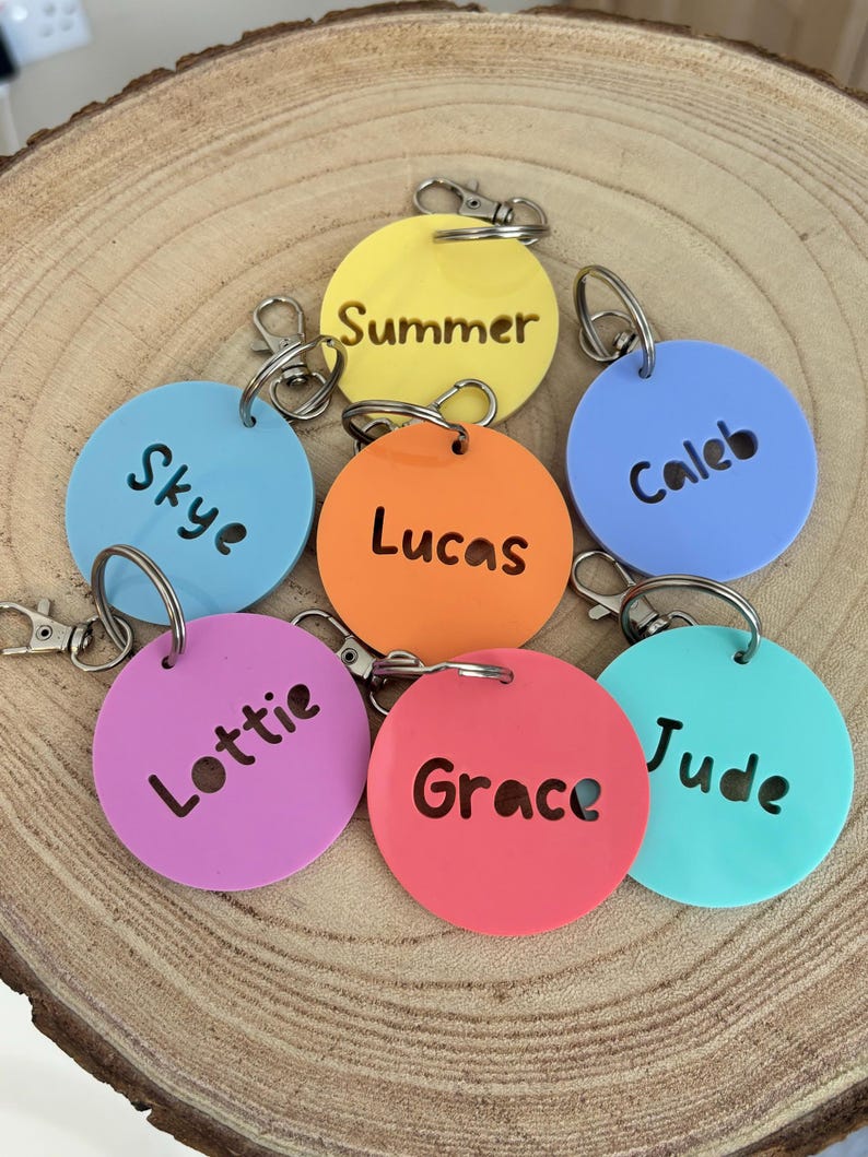 Personalised Circle Name Tag | Custom Keychain | Kids Bag Tag, School ...
