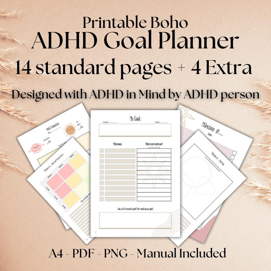 ADHD Goal Planner Printable to Help Achieve Goals Tracking Boho Style ...