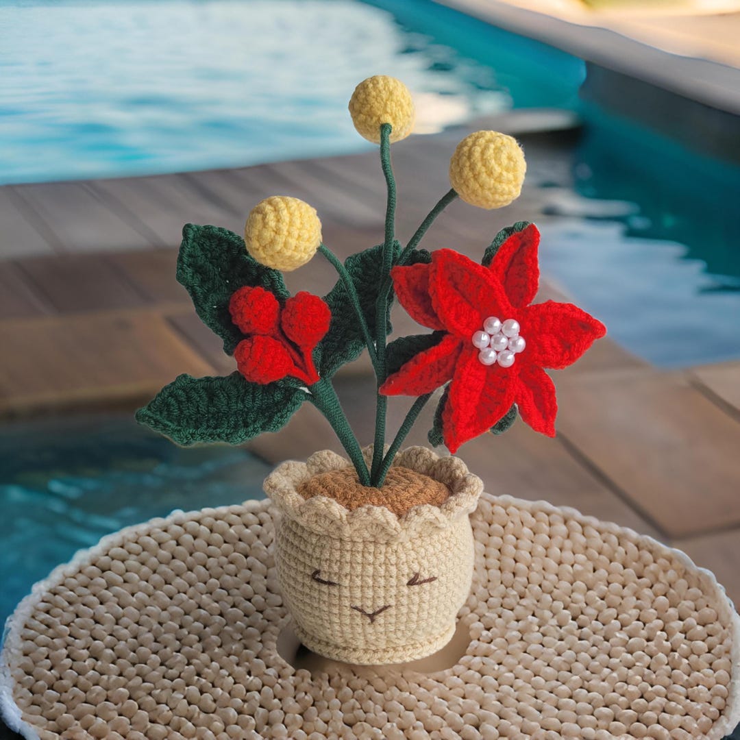 Crochet Red Poinsettia Flower in Yarn Pot, Christmas Decorations ...