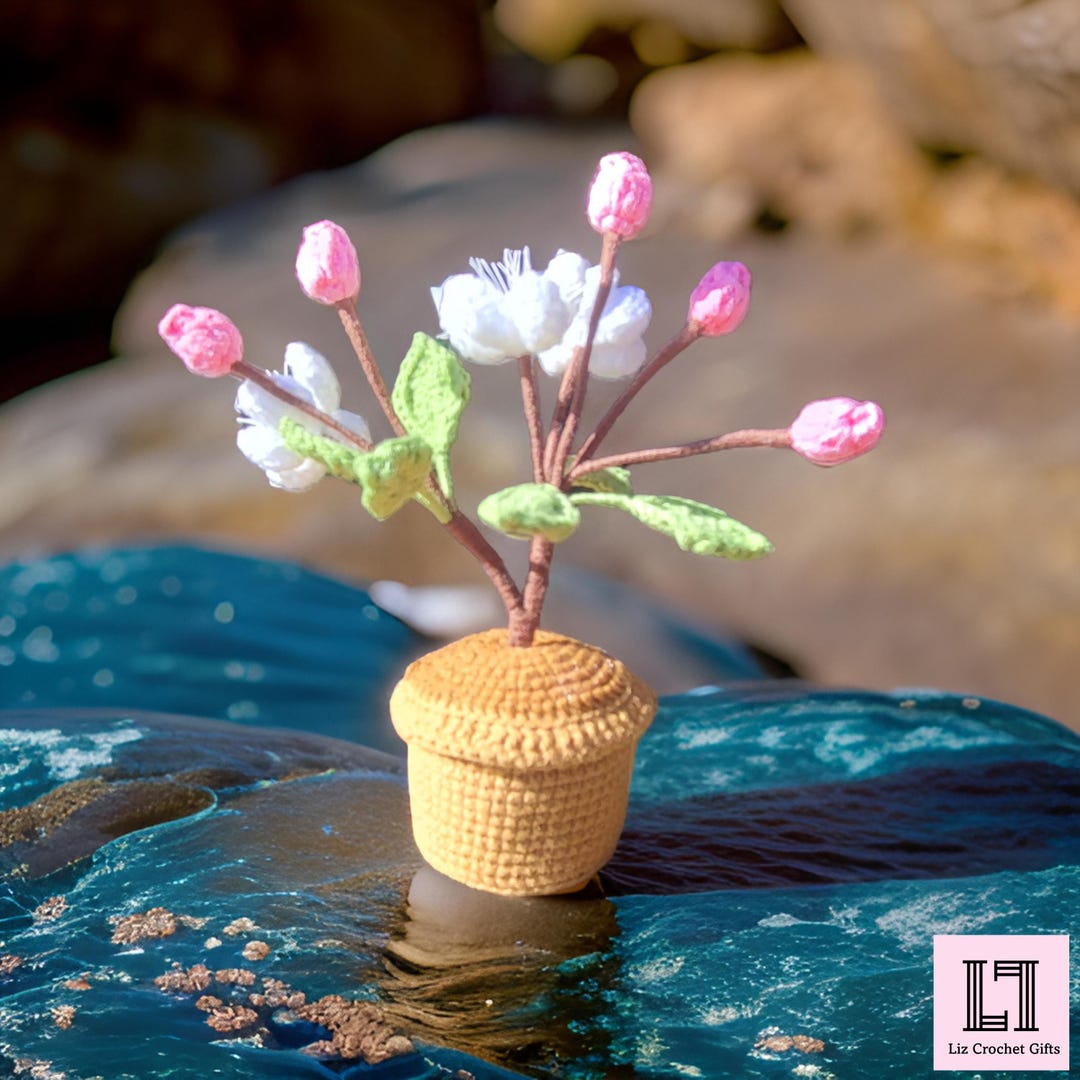 Crochet Cherry Blossoms in Yarn Pot: Handmade Floral Home Accent - Etsy