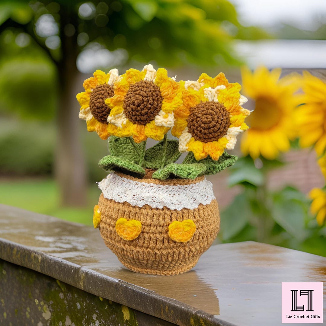 Crochet Sunflower Bouquet in Soft Yarn Pot Home Decor Gift for Her ...