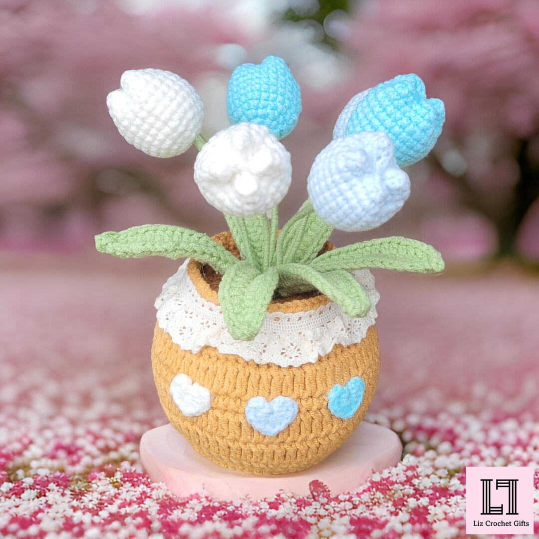 Crochet Tulip Bouquet in Yarn Pot, in Blue, Yellow, Pink, Purple Colors ...