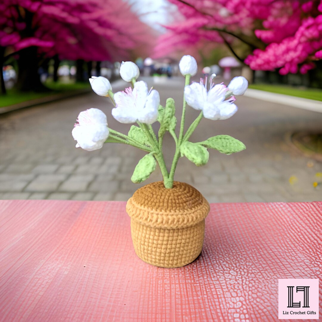 Mini Crochet White Cherry Blossoms Bouquet in Yarn Pot, Home Decors ...