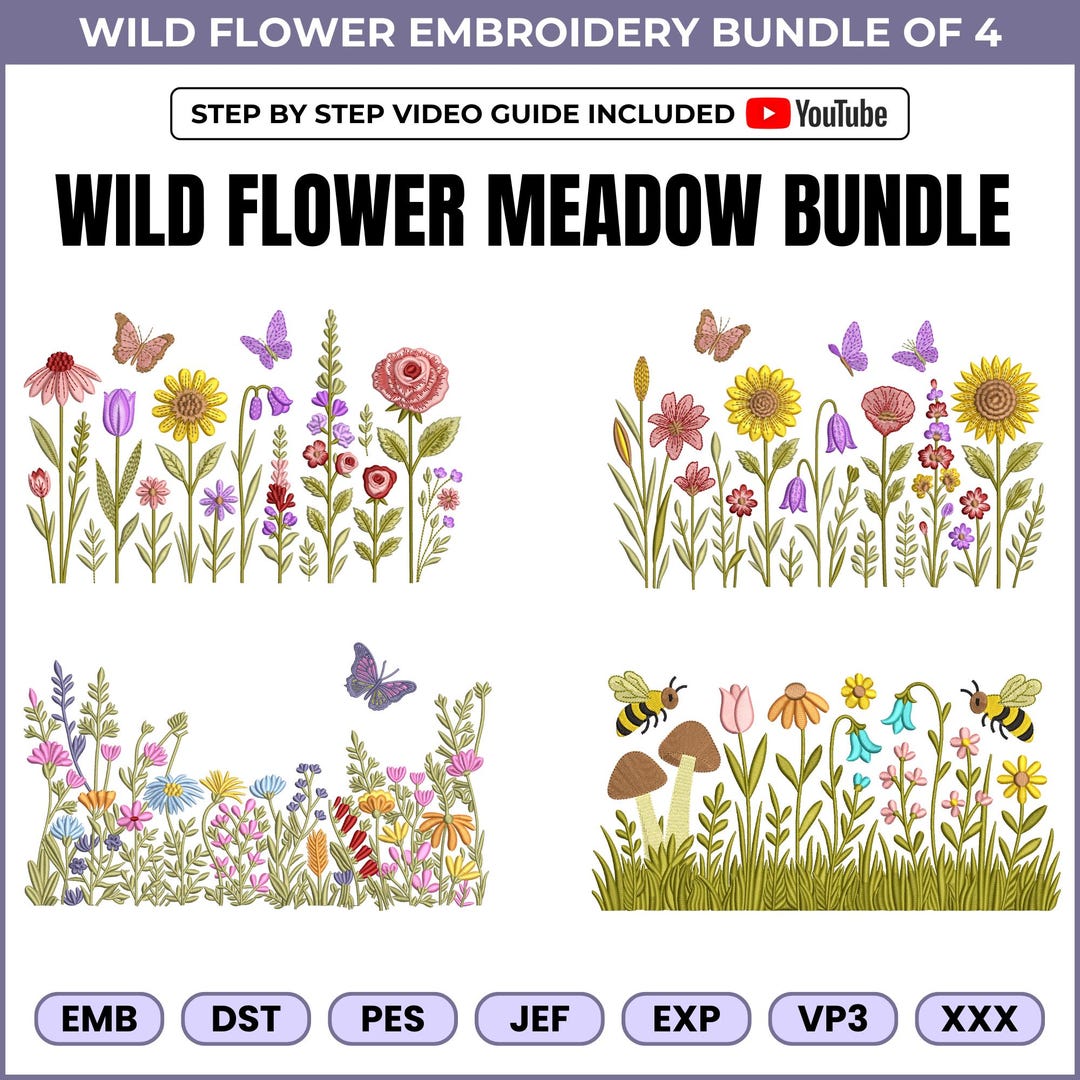 Wildflower Meadow Embroidery Design Bundle: Cottagecore Flowers ...