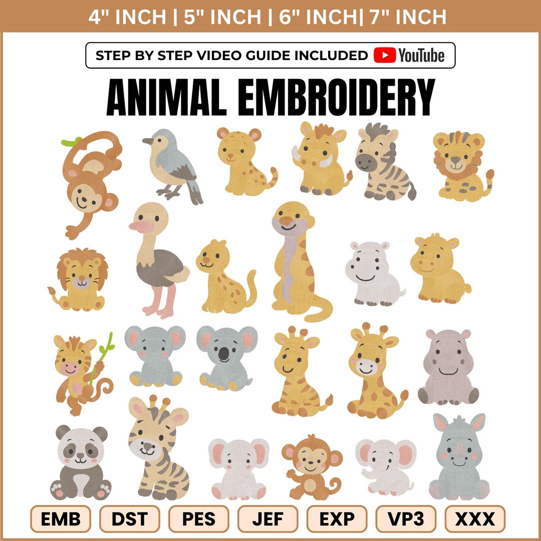26 Safari Animals Embroidery Designs, Zoo Animal Machine Embroidery ...