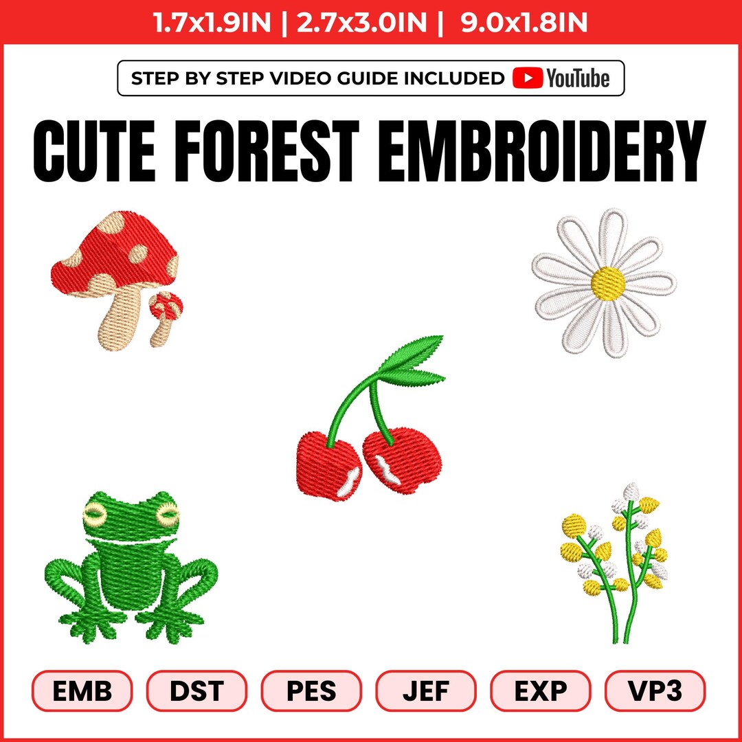 Cute Forest Embroidery Design Bundle – Mushroom, Frog, Cherry, Daisy ...