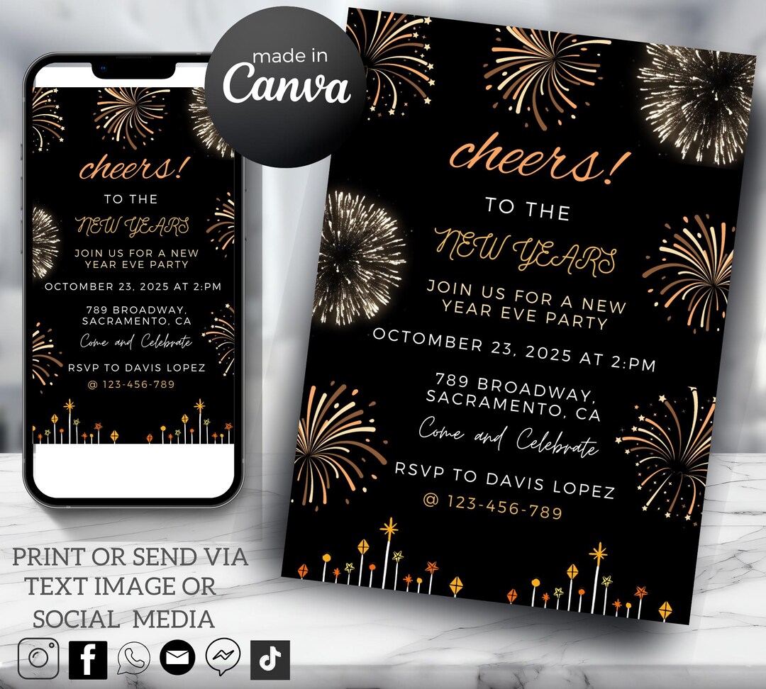 Editable NYE Fireworks Party Invitation, Cheers to the New Year ...