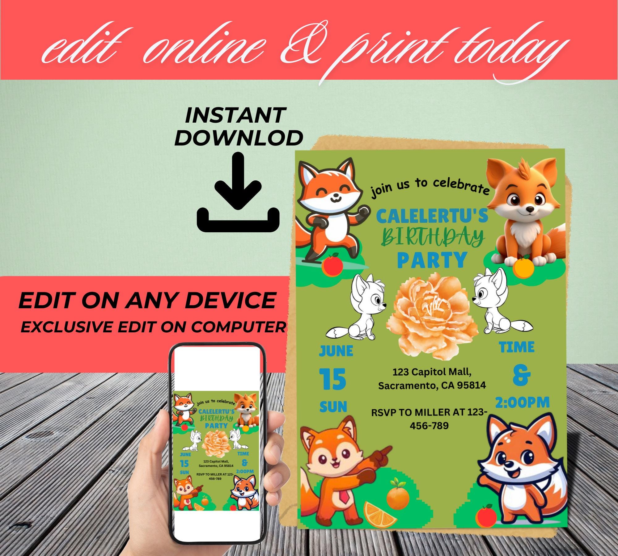 Editable Fox Birthday Invitation, SIMPLE CUTE FOX, Woodland Themed ...