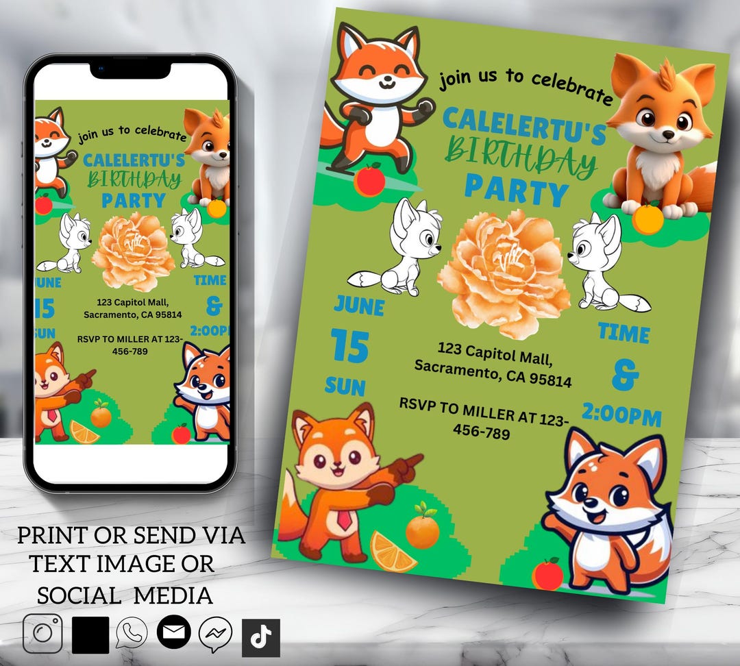 Editable Fox Birthday Invitation, SIMPLE CUTE FOX, Woodland Themed ...