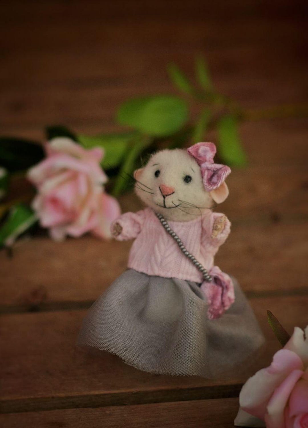 Needle Felted Girl Mouse in Rose, She Wears a Bow and Use a Little ...