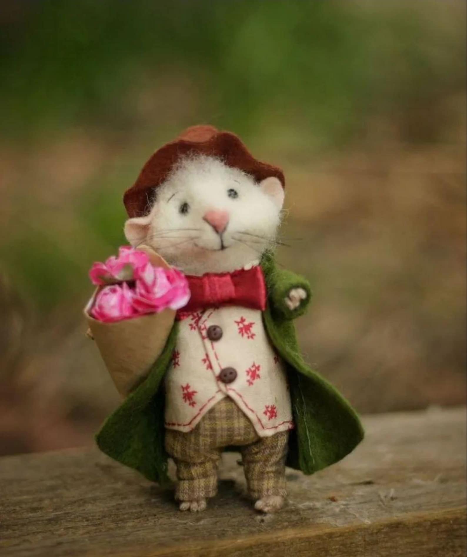 Needle Felted Mouse With Flowers, Handmade Felt Animal Figurine ...
