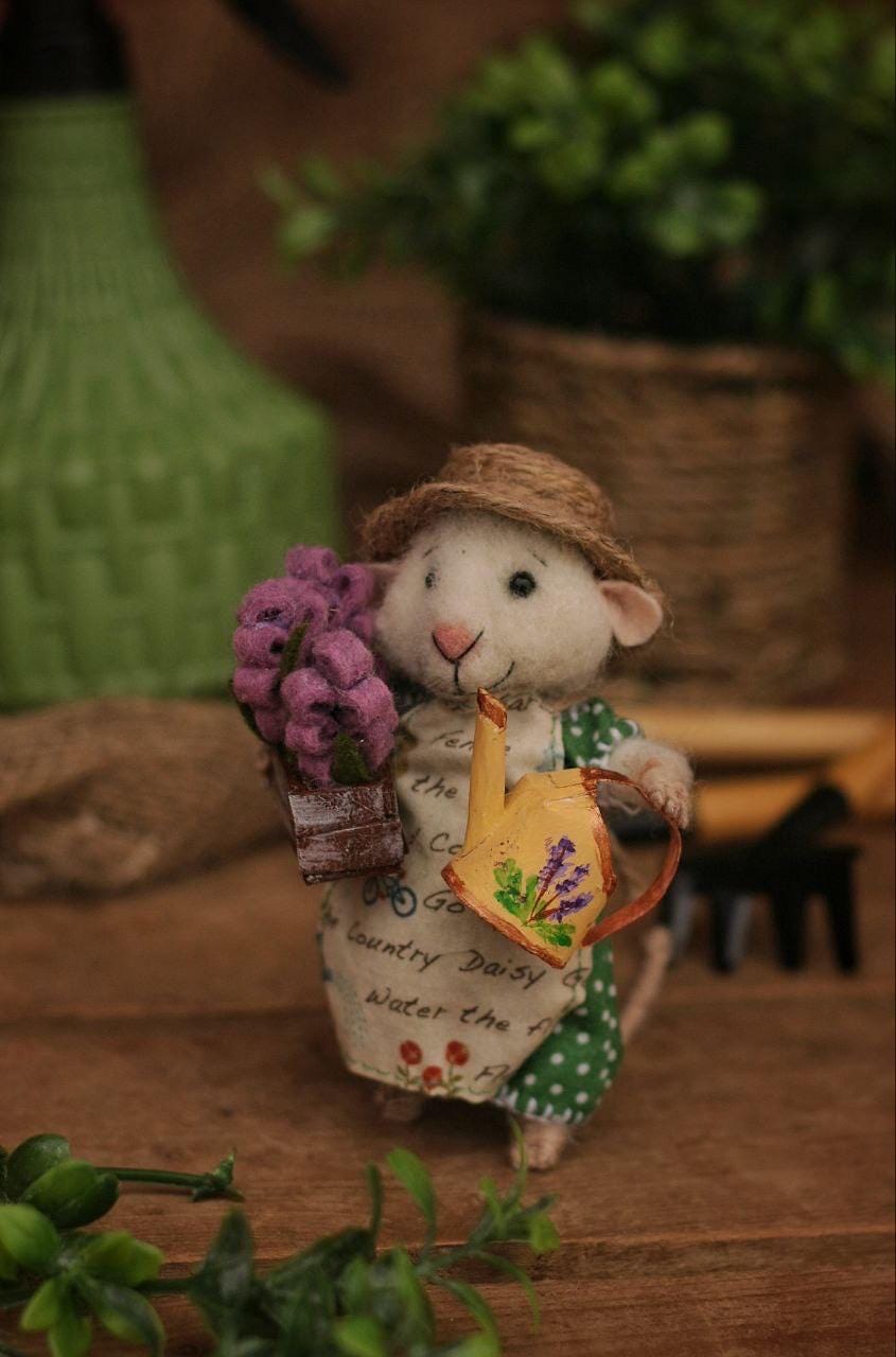 Handmade Needle Felted Gardener Mouse With Hyacinths, Farm Mouse ...