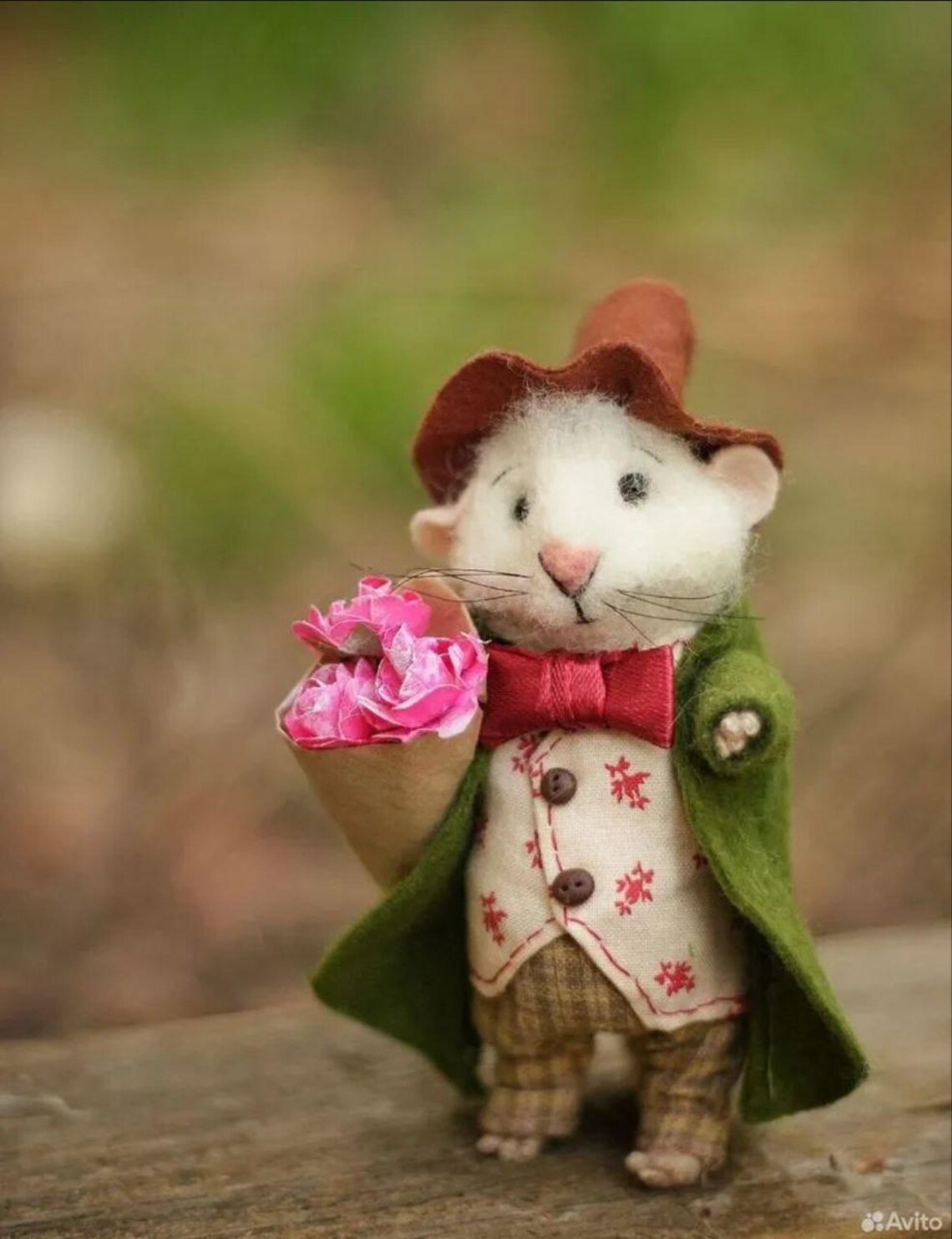 Needle Felted Mouse With Flowers, Handmade Felt Animal Figurine ...