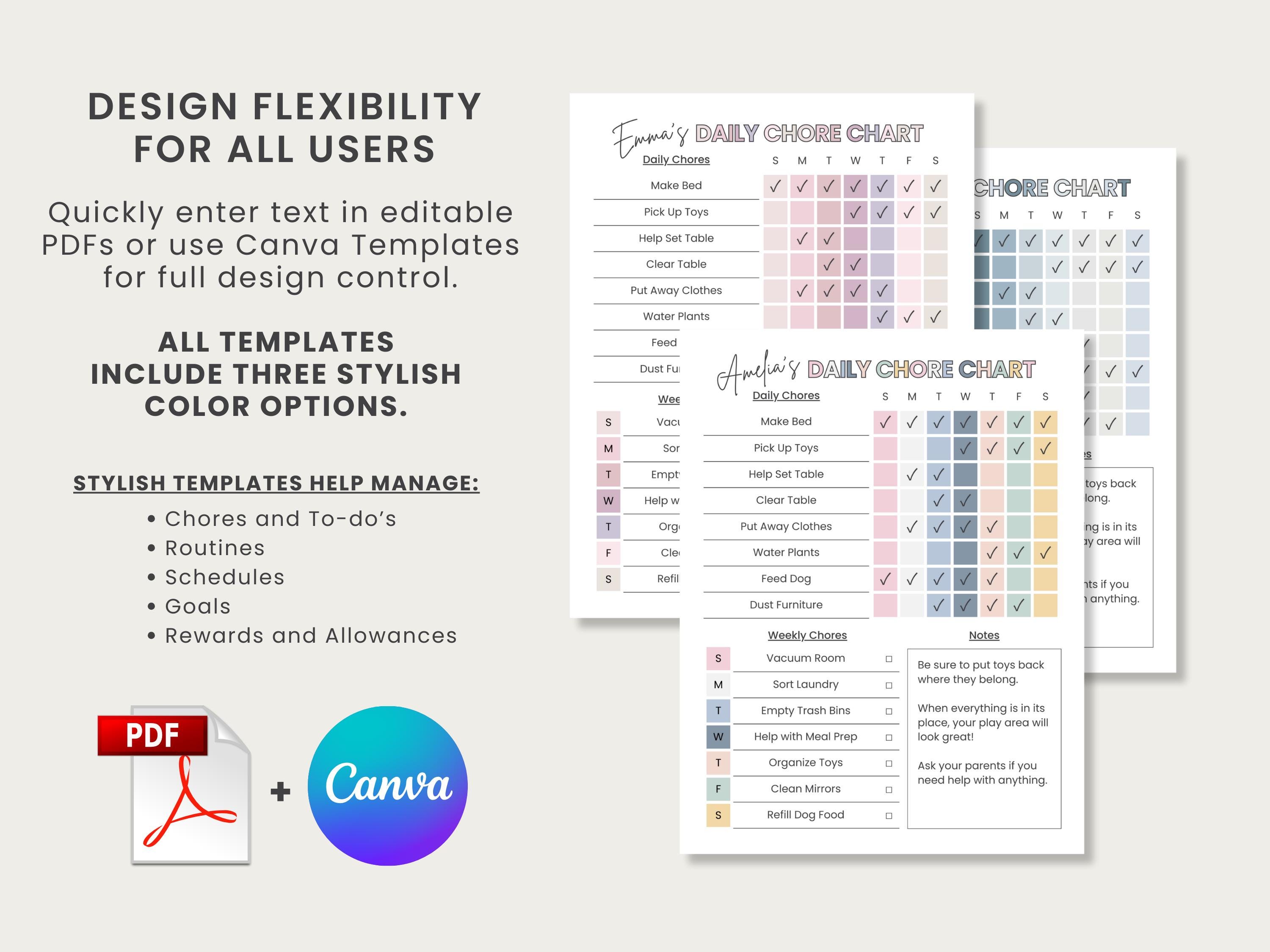 Kids Chore Chart Canva Template Bundle, Daily Routine and Task Charts ...