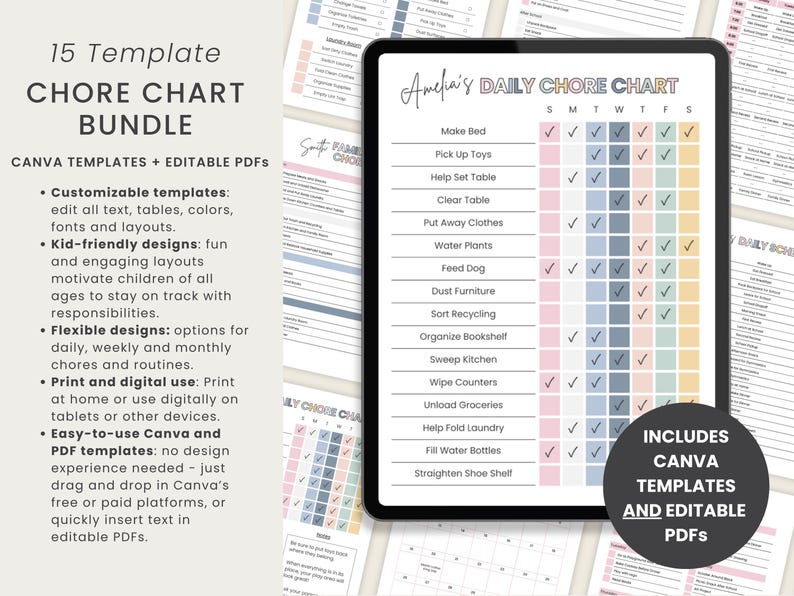 Kids Chore Chart Canva Template Bundle, Daily Routine and Task Charts ...