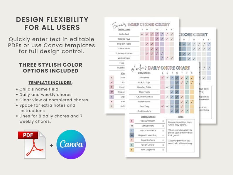 Editable Kids Chore Chart Canva Template and Editable PDF Bundle Chore ...