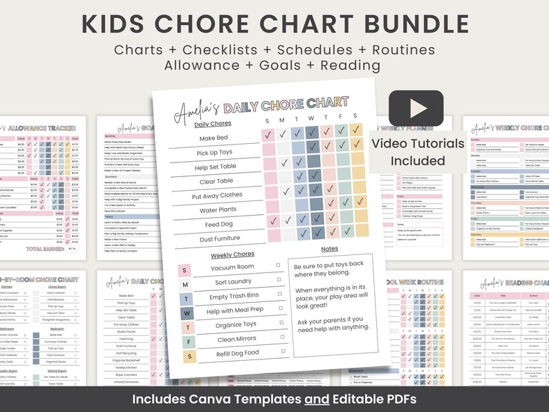 Kids Chore Chart Canva Template Bundle, Daily Routine and Task Charts ...