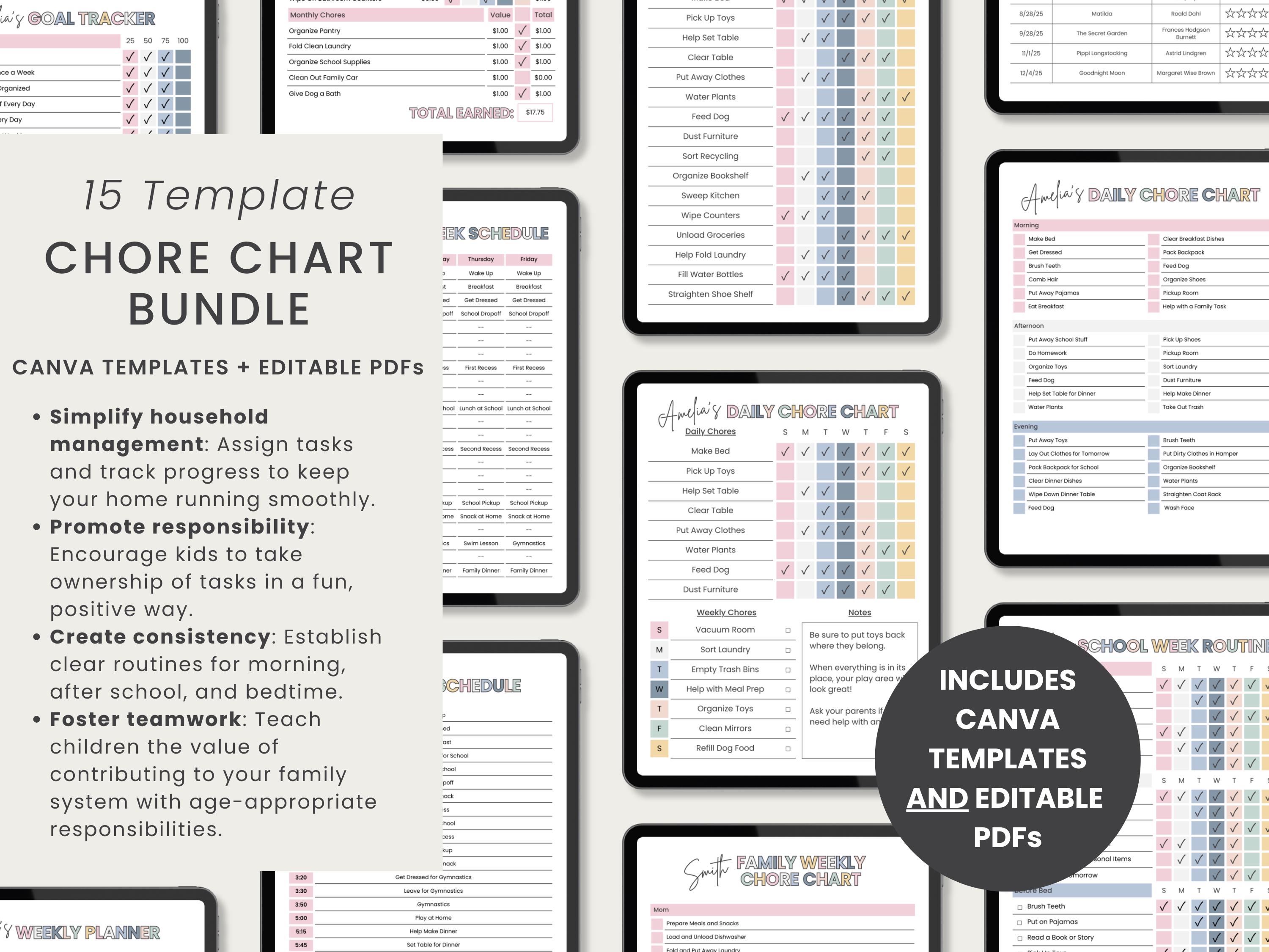 Kids Chore Chart Canva Template Bundle, Daily Routine and Task Charts ...