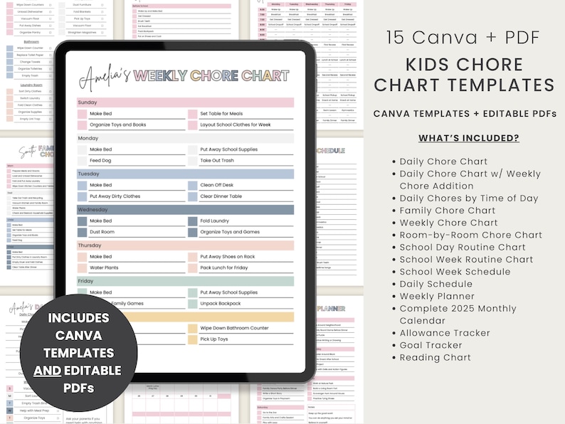 Kids Chore Chart Canva Template Bundle, Daily Routine and Task Charts ...