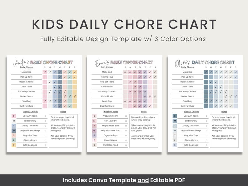 Kids Chore Chart: Editable Canva Template & PDF Bundle - Etsy