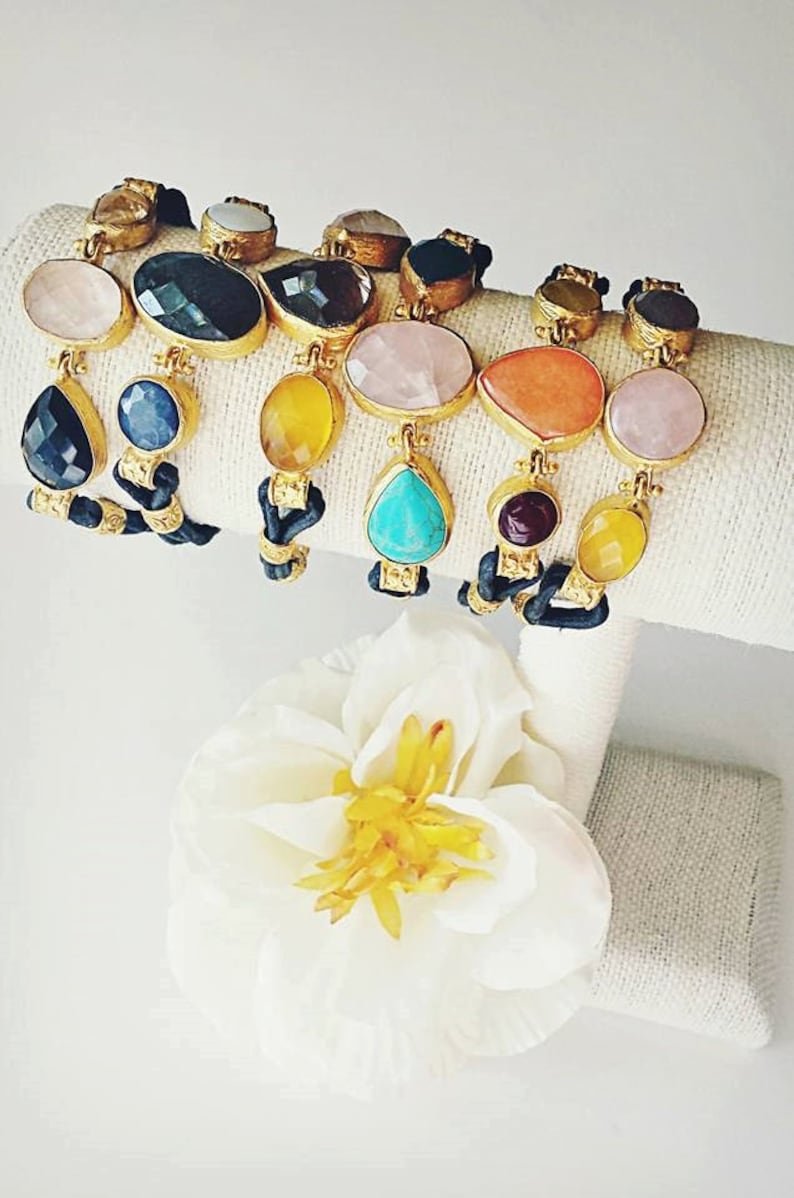 24K Gold Plated 3 Stunning Gemstones Leather Bracelet A5 - Etsy