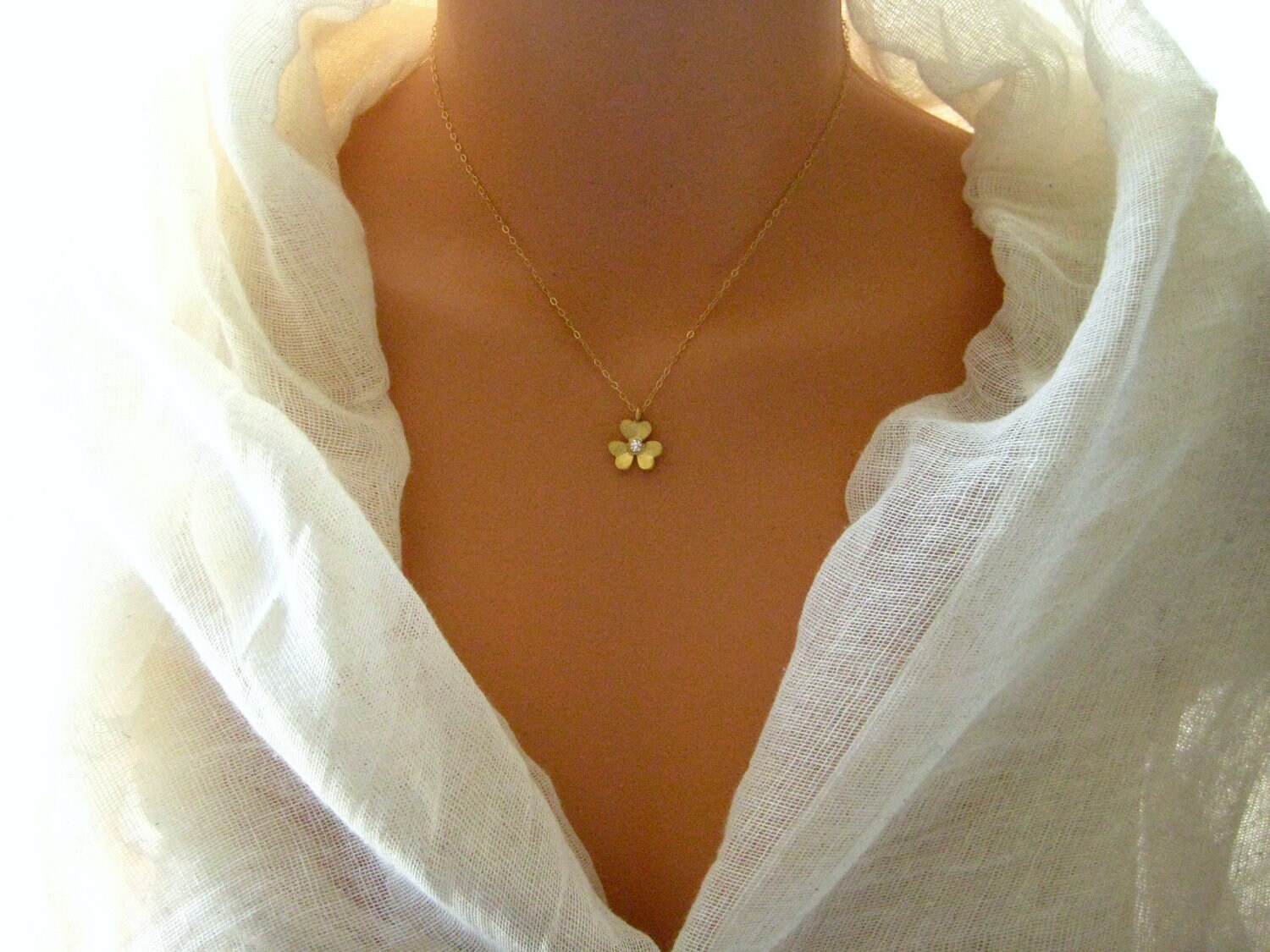 Sweet Pea Necklace, Flower, Gift, Gold Plated Charm, Zirconia, Gold ...