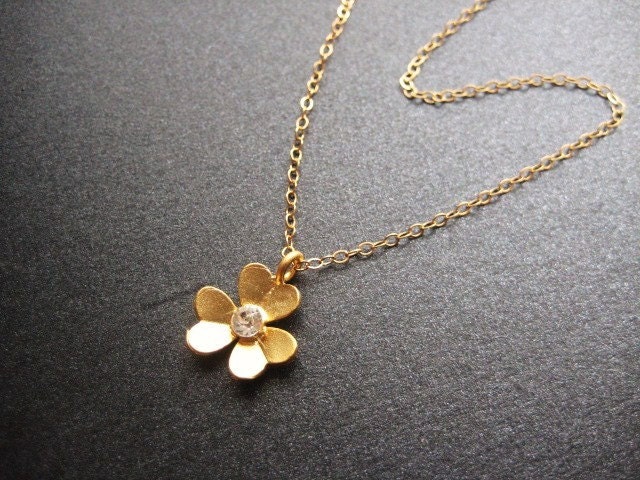 Sweet Pea Necklace, Flower, Gift, Gold Plated Charm, Zirconia, Gold ...