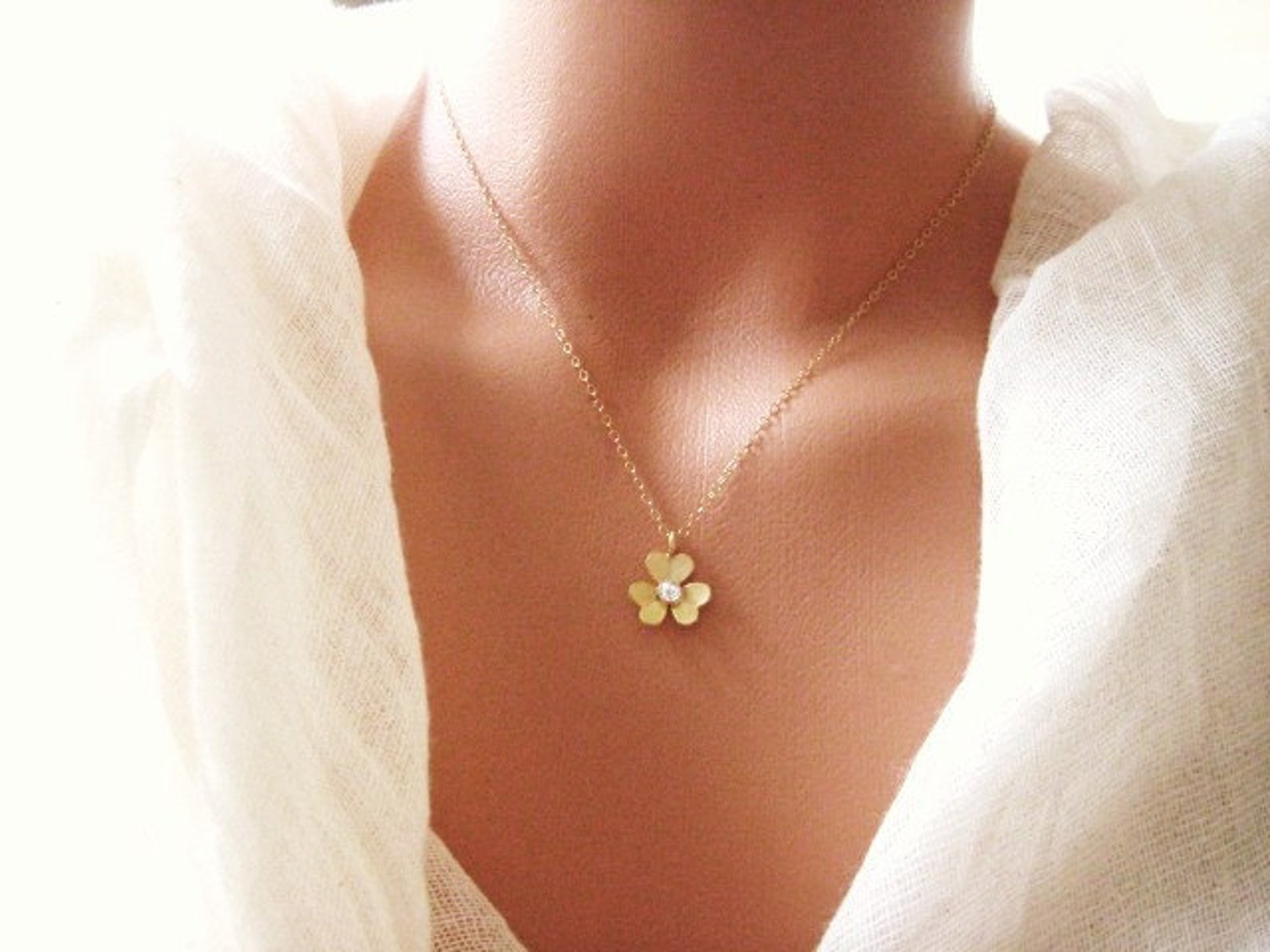 Sweet Pea Necklace, Flower, Gift, Gold Plated Charm, Zirconia, Gold ...