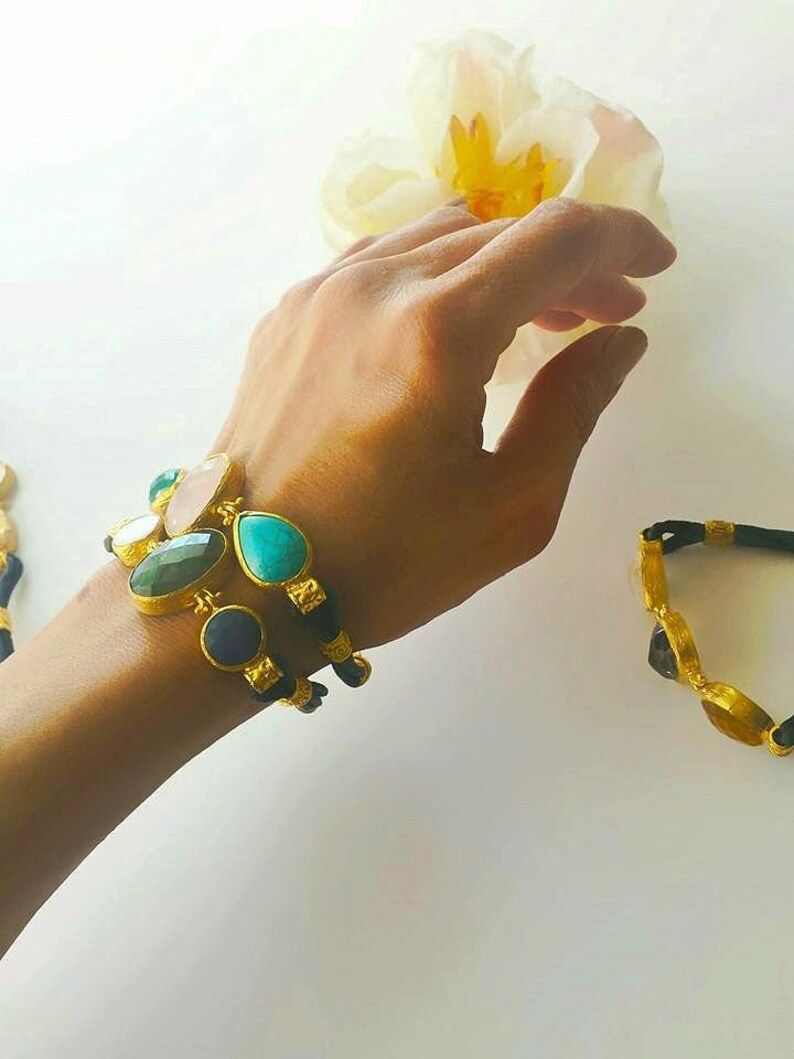 24K Gold Plated 3 Stunning Gemstones Leather Bracelet A5 - Etsy